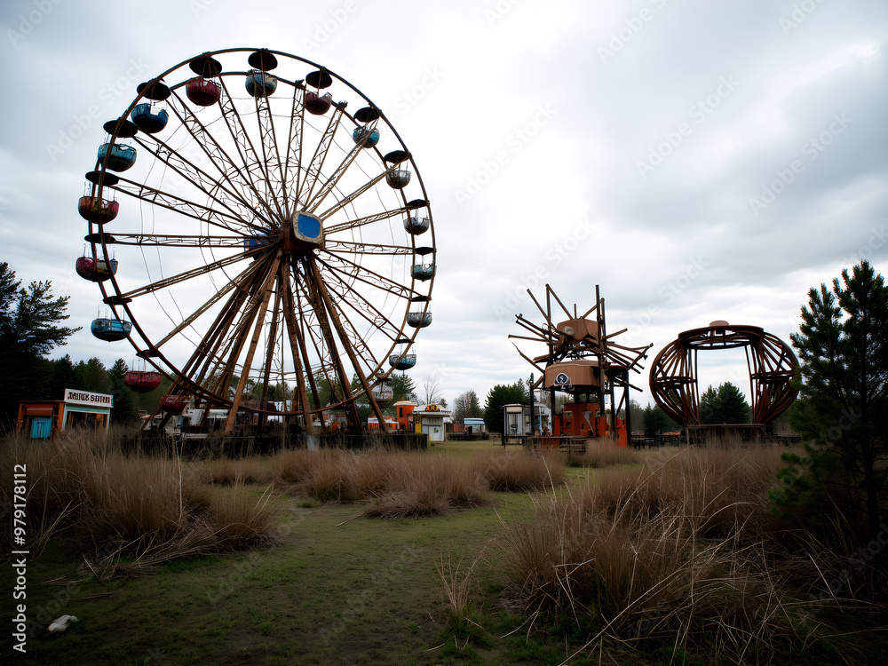 Abandoned Amusement Park with Rusty Ferris Wheel, Colorful Faded ...