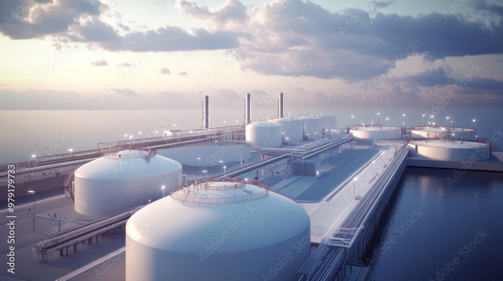 An LNG storage terminal with multiple tanks and a control room ...