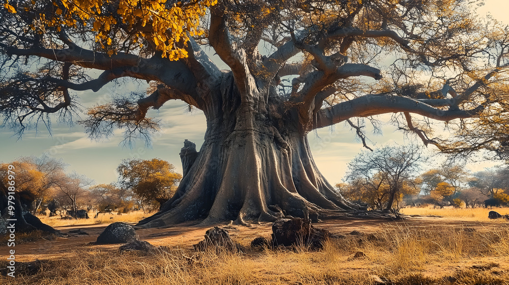 An ancient baobab tree with a massive trunk and sparse leaves creates a ...