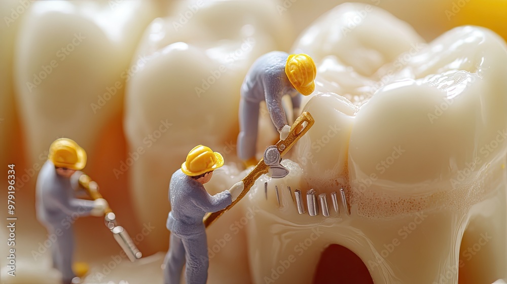 Miniature construction workers with tiny tools repairing a giant tooth ...