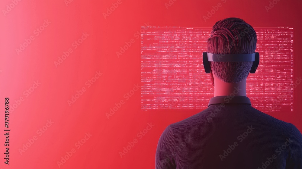 Person with headphones looking at red code screen, symbolizing ...