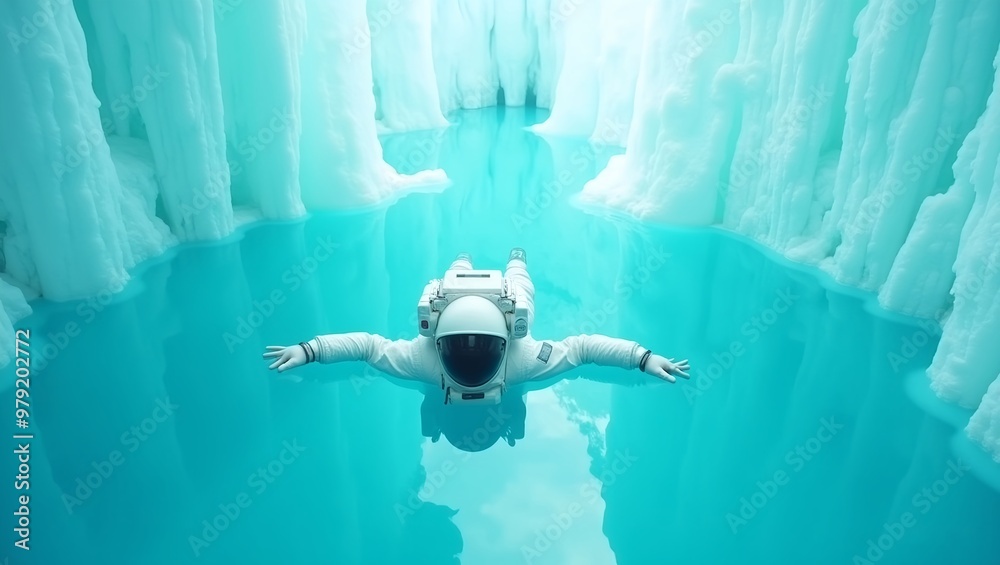 astronaut in full gear floating in a pool of turquoise water surrounded ...