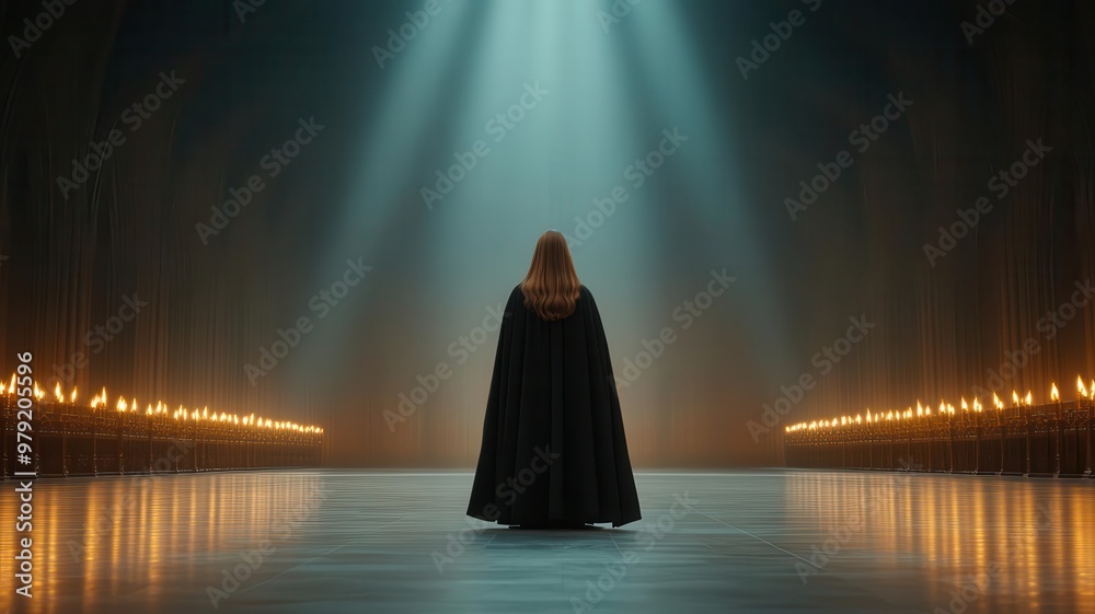 Dark vampire queen standing in a shadow-filled throne room, flickering ...
