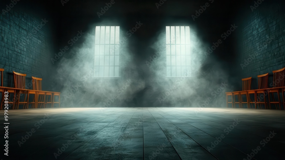 Midnight scene of a haunted gothic theater, flickering lights casting ...