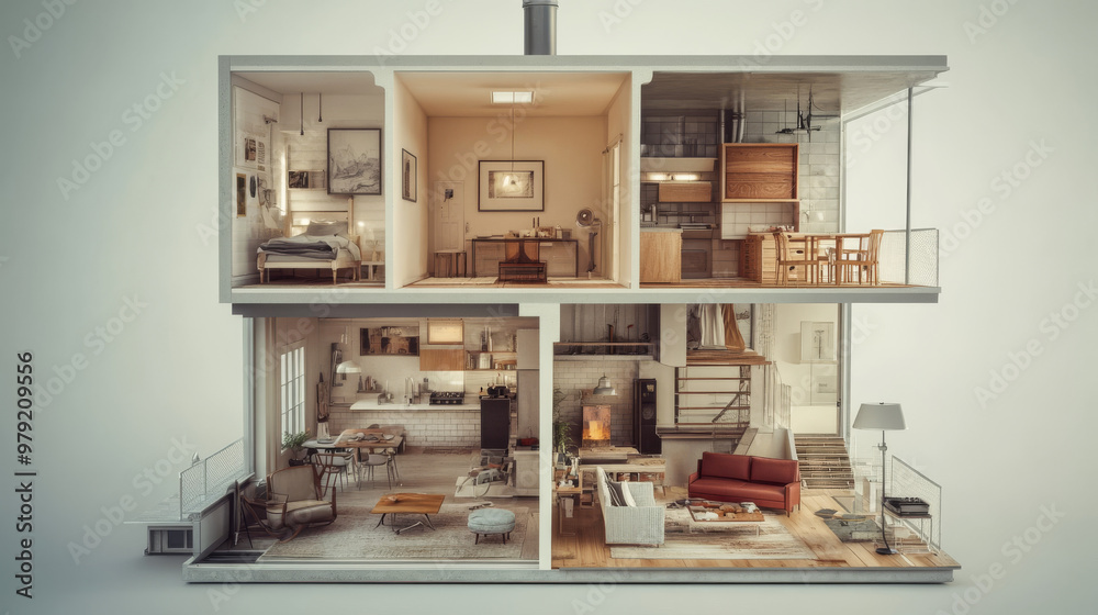 A picture showing the inside of a house, as if it were sliced in half ...