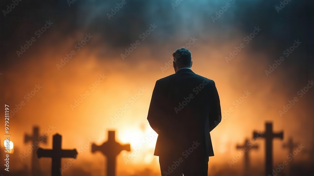 Phantom standing by a cracked angel statue in a gothic cemetery, misty ...