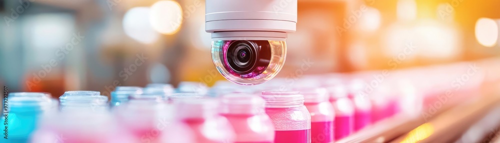 Robotic camera performing a 360-degree inspection of products on a ...