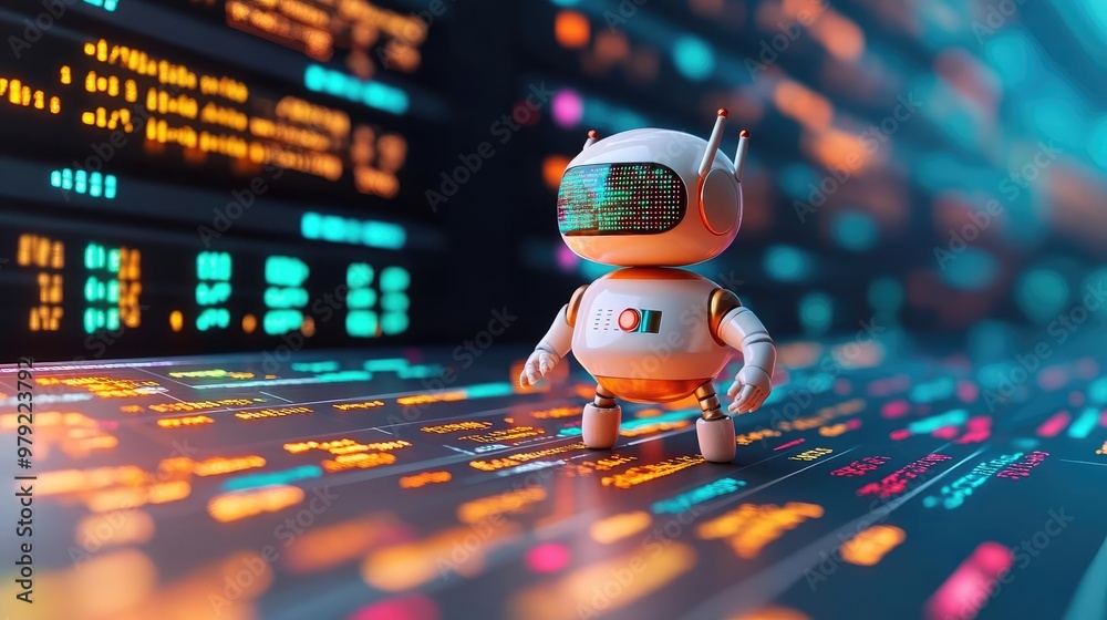 Robotic Algorithm Coding Itself Surrounded By Financial Data Streams