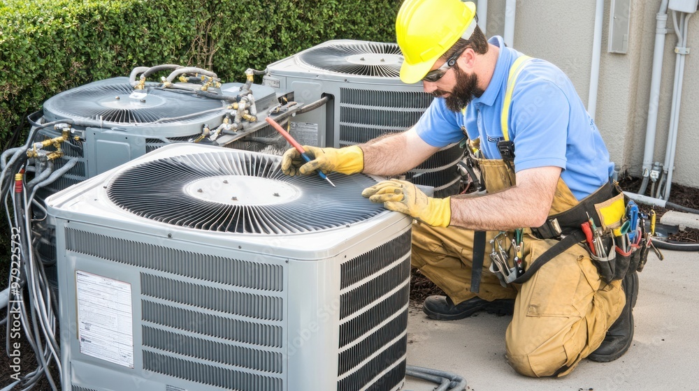 A technician repairing an air conditioning system on a rooftop ...