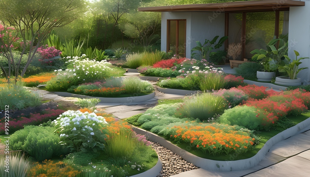 Vibrant organic garden showcasing companion planting in a flat design ...