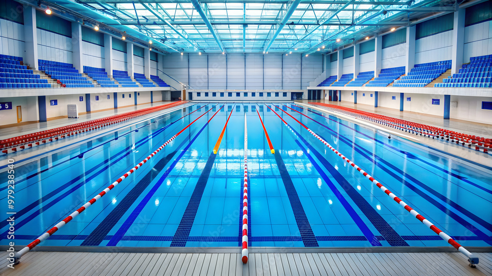 Olympic-size swimming pool with clear blue water surrounded by lanes ...