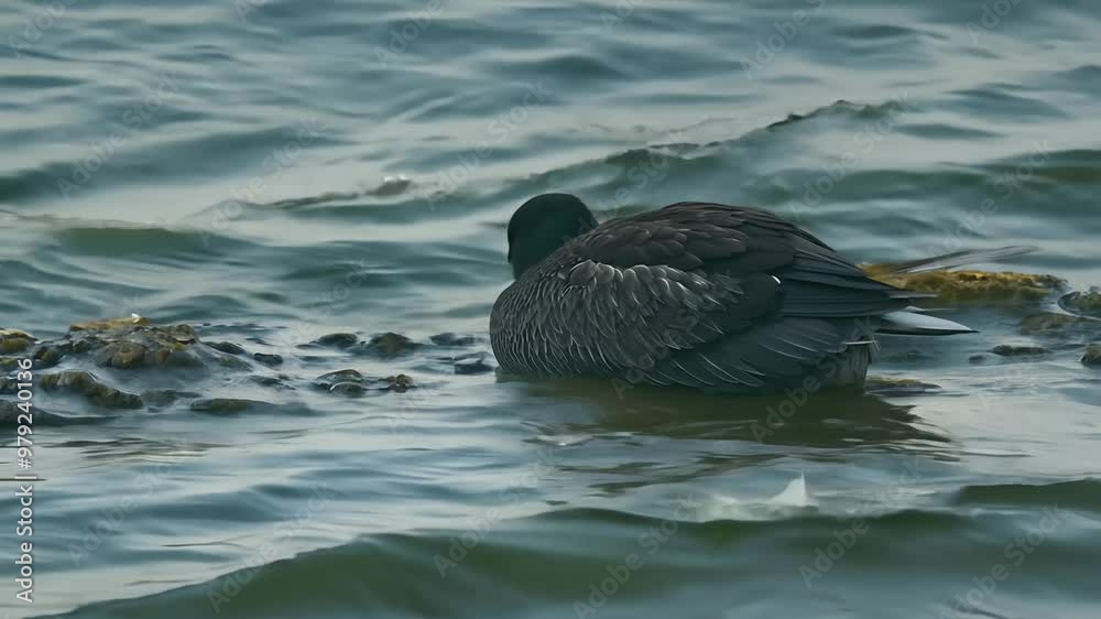 A close-up of a seabird’s feathers drenched in thick oil, struggling on ...