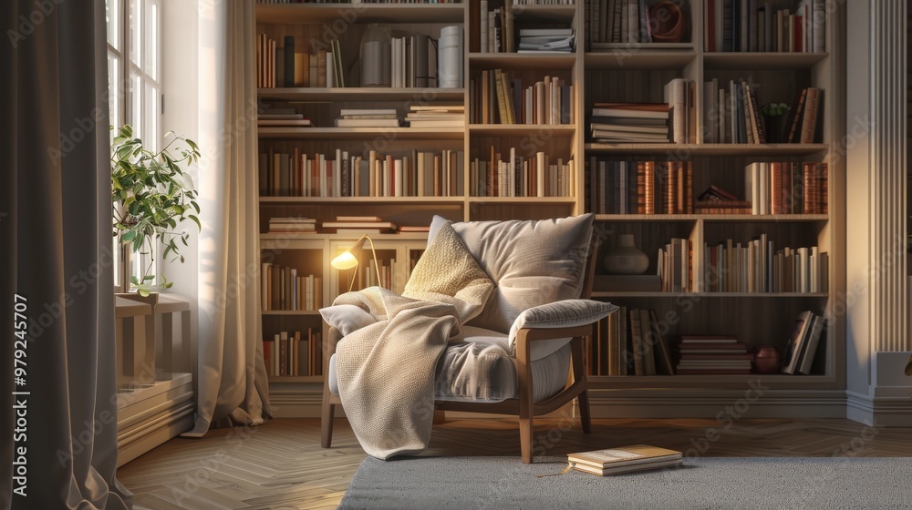 Comfortable reading nook with a snug chair, extensive bookshelves, and ...