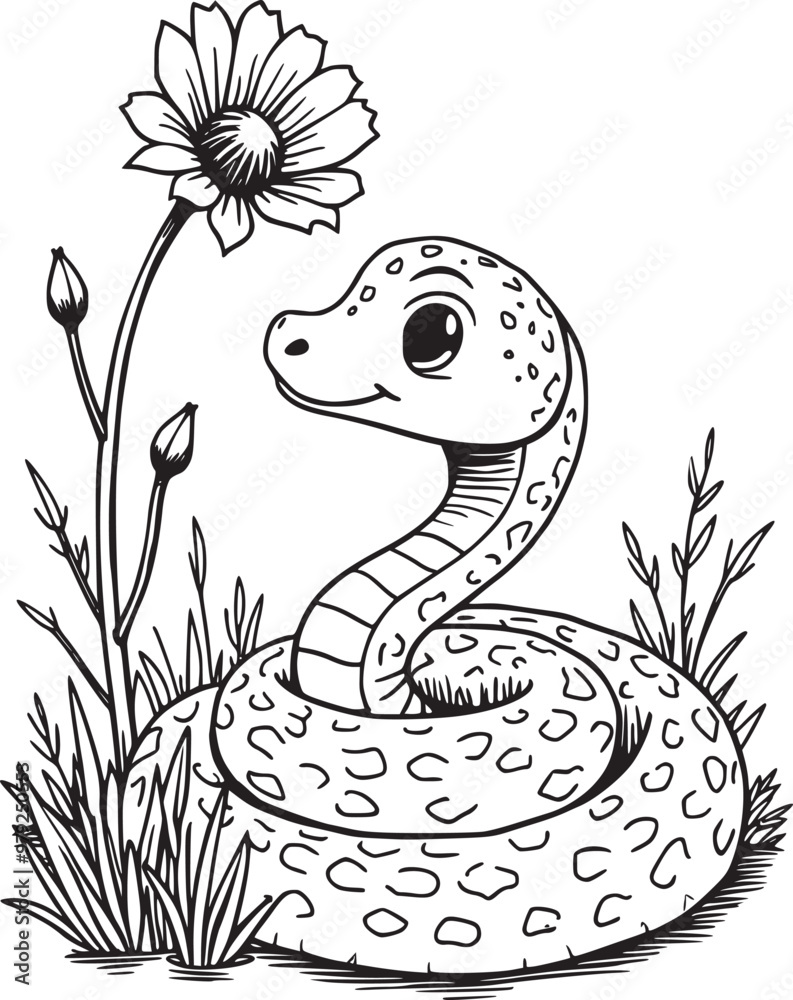 Snake curled up beside a small desert flower black and white outline ...