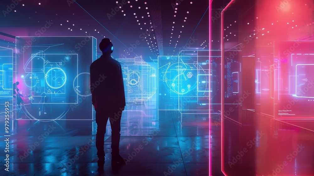 High-tech virtual conference environment featuring holographic ...