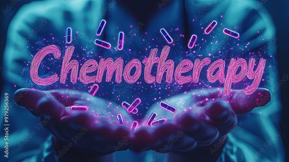 A glowing representation of the word 'Chemotherapy' cradled in a person ...
