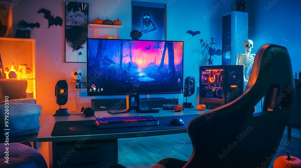 A cozy gaming setup for Halloween, with a gaming monitor displaying a ...