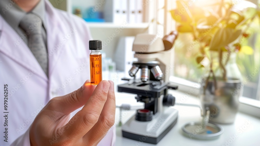 Scientist in lab coat holding vial of experimental drug, with ...