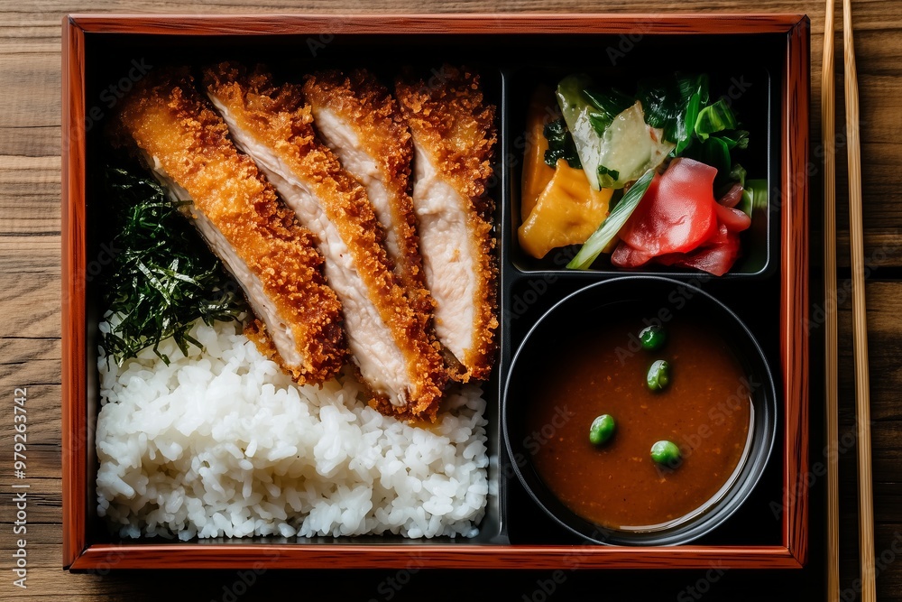 katsu curry served in a traditional Japanese bento box, with perfectly ...