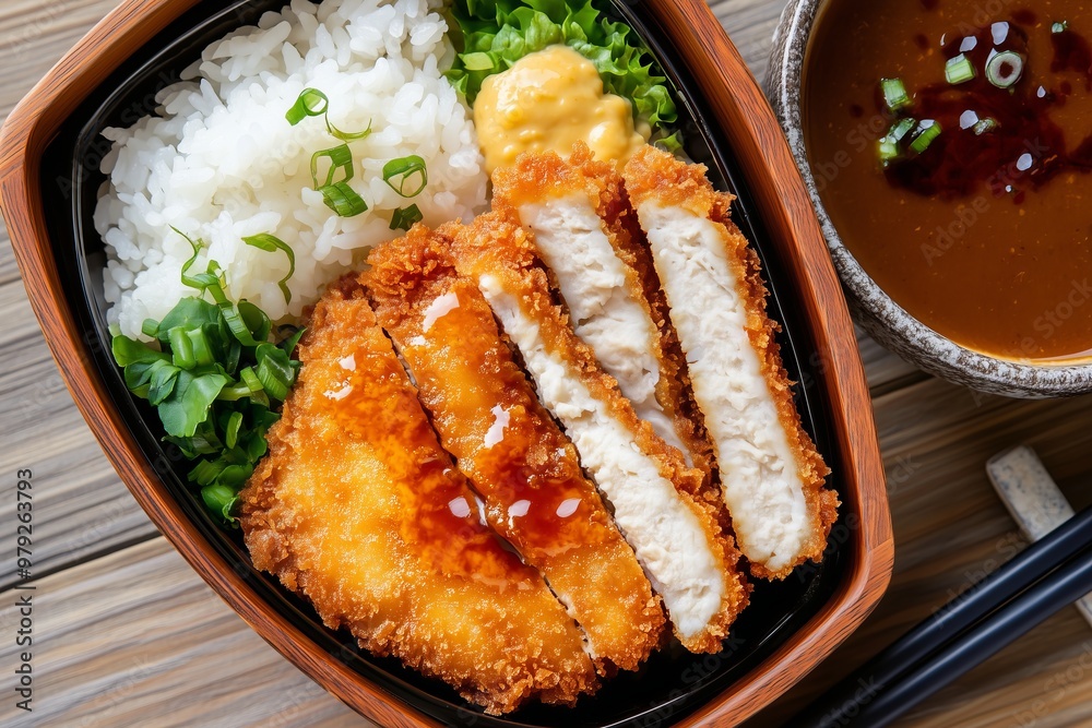 katsu curry served in a traditional Japanese bento box, with perfectly ...