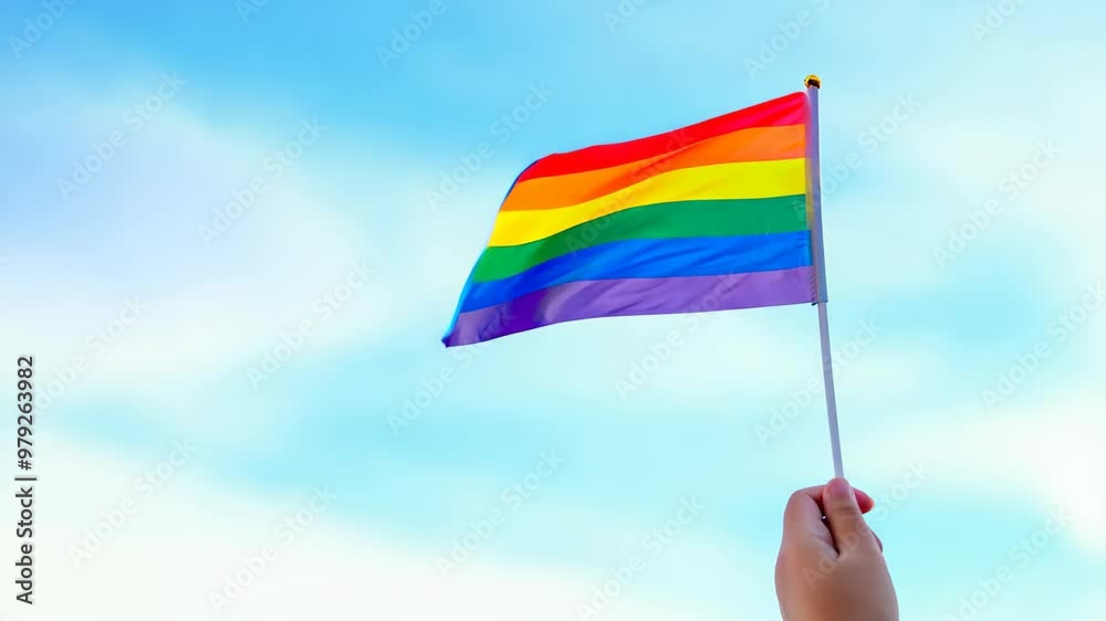 A colorful rainbow flag waves against a clear blue sky, symbolizing ...