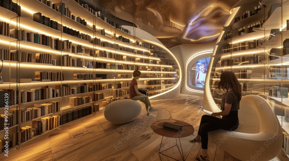 Futuristic library featuring digital bookshelves and AI-powered search ...