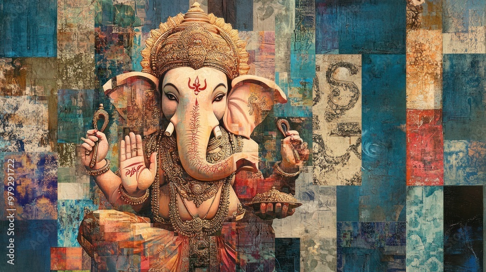 An abstract collage of Ganesh, combining various textures, colors, and ...