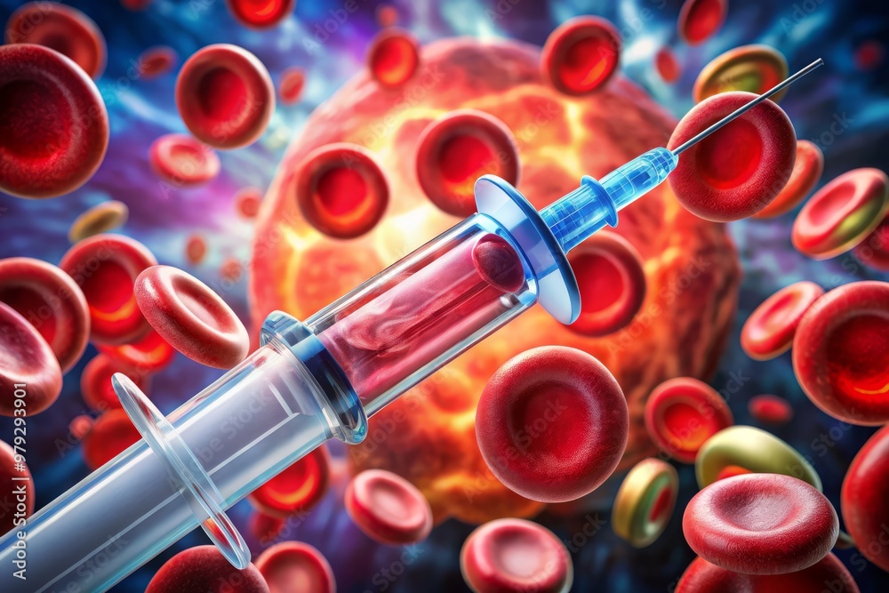 A highly detailed and accurate illustration of a syringe on a patterned ...