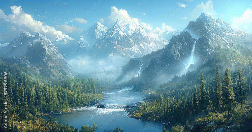 Amazing landscape, 4 mountain peaks, in the distance 4 great waterfalls ...