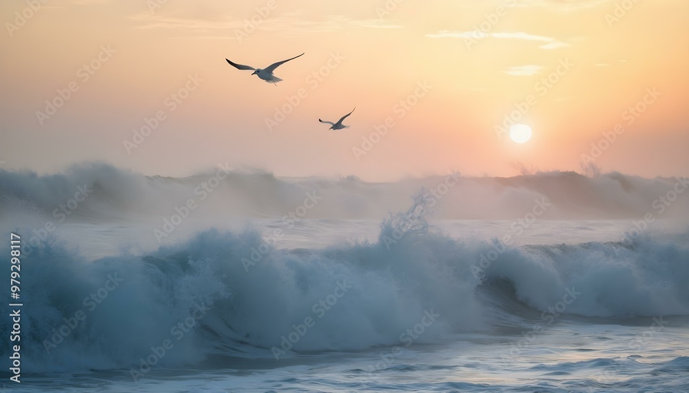 early morning ocean waves at dawn, with mist rising from the water and ...