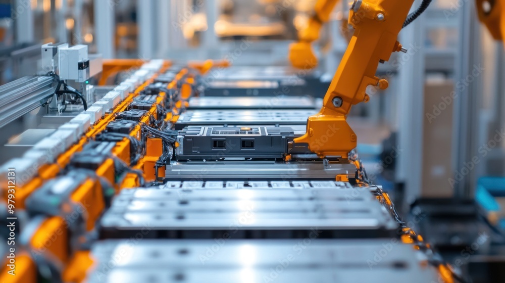 A close-up view of the battery module assembly area, where workers are ...
