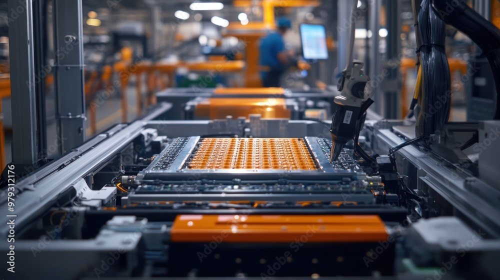 A close-up view of the battery module assembly area, where workers are ...