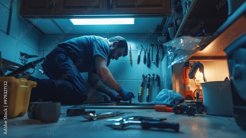 A modern plumbing setup under a kitchen sink, with a plumber working on ...