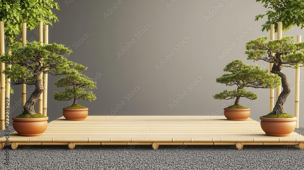 Sleek bamboo podium framed by bonsai trees in terracotta pots, set on a ...