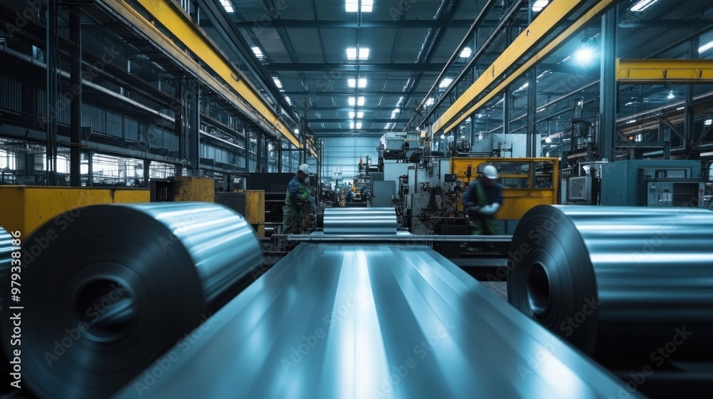 Inside a modern roofing factory, large machines are rolling out metal ...