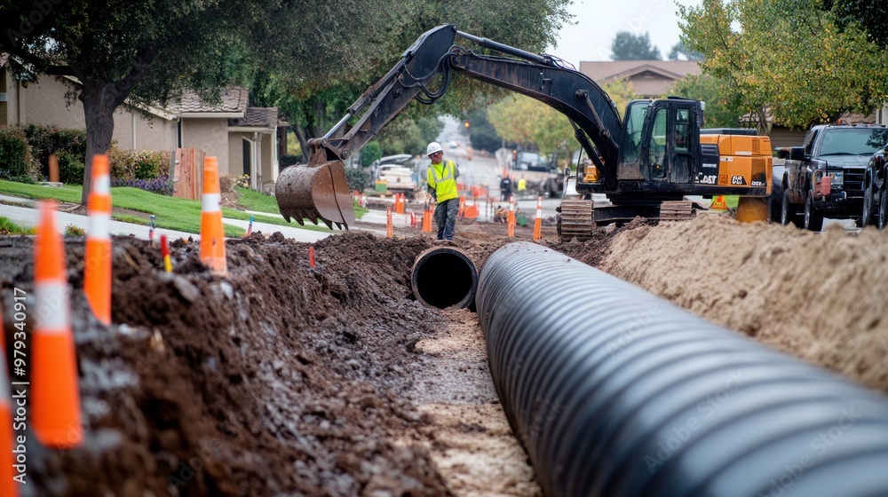 In a suburban neighborhood, workers are installing a large drainage ...