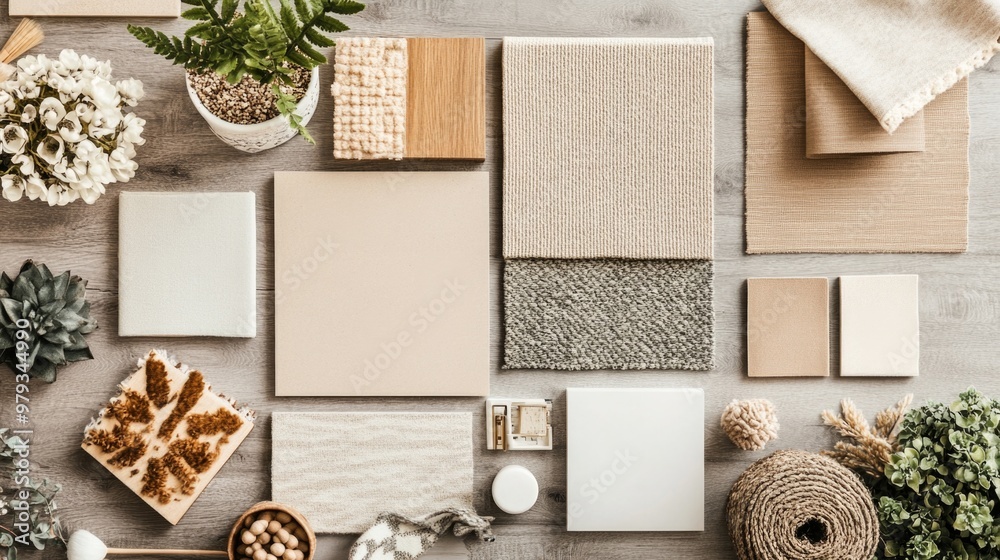 Modern flat lay composition in warm neutrals color palette with textile ...