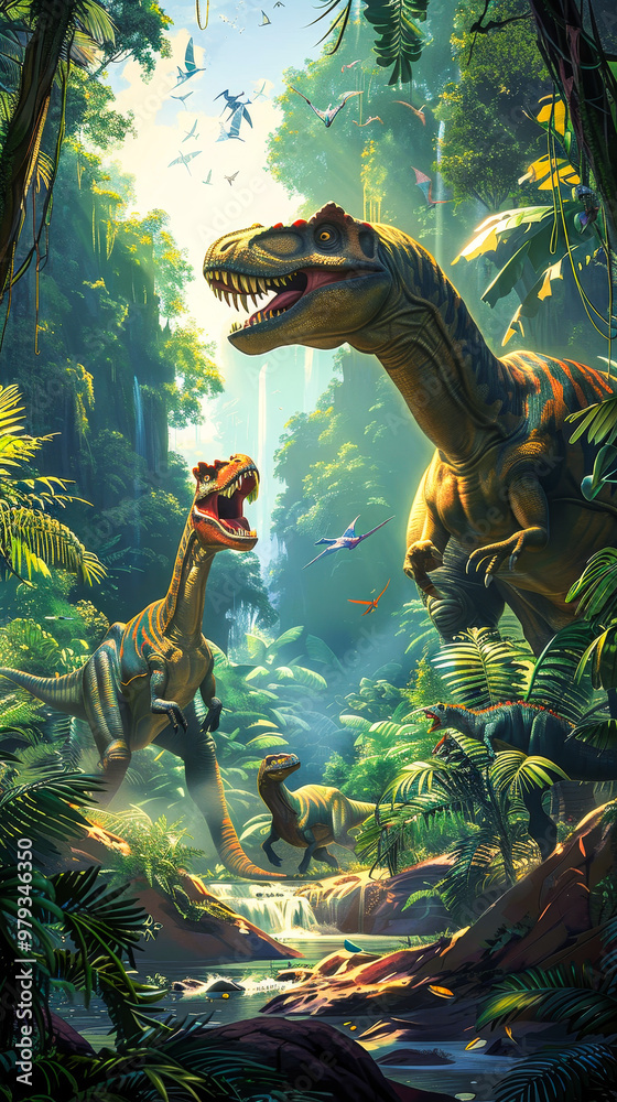 Dinosaurs Thriving in Vibrant Jurassic Jungle at Dawn with Lush Foliage ...