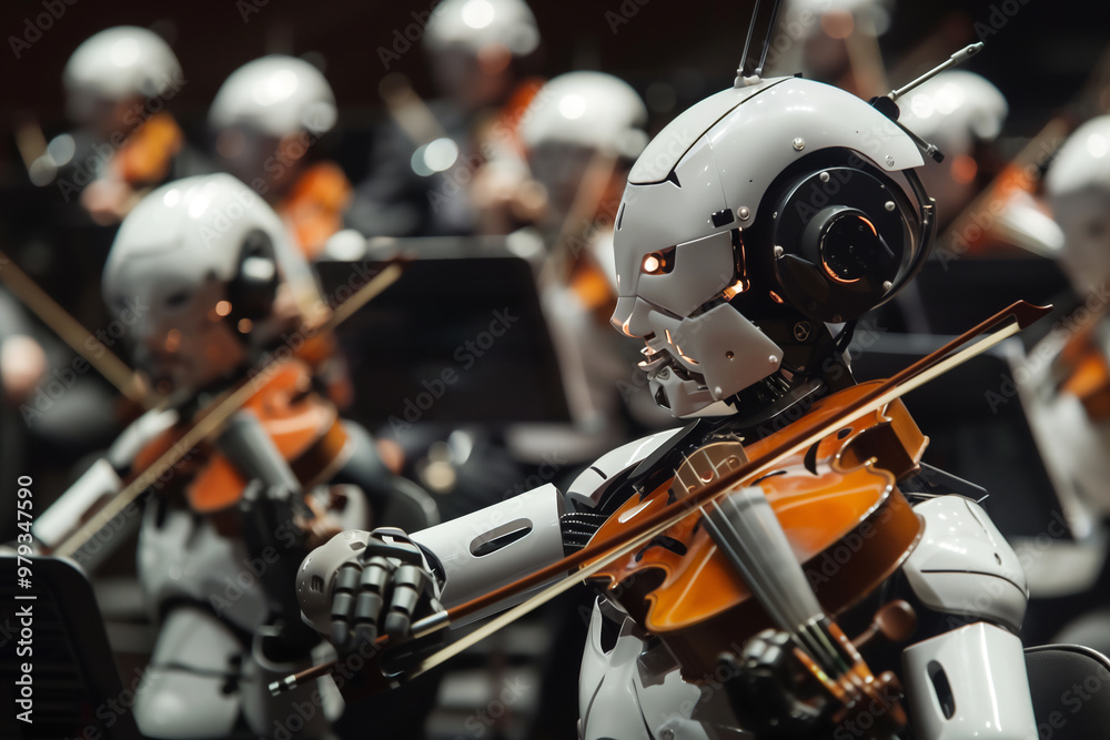 Android robot violinists playing in a violin string section orchestra ...