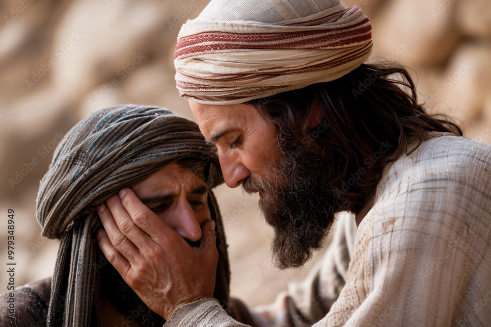 Jesus tenderly heals a blind man, illustrating a powerful moment of ...