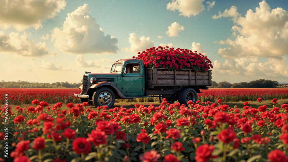 AI. Old truck with a full trailer of red roses. The truck is standing ...