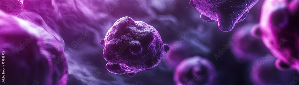 Abstract close-up of vibrant purple cells swirling in a dark background ...