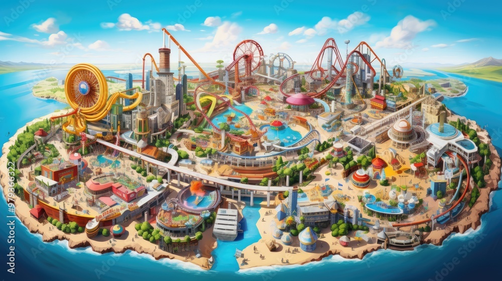 A playful, cartoon-style tourist map of a theme park, featuring fun ...