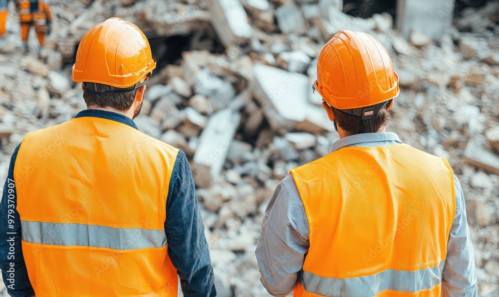 Two construction workers observe a demolition site wearing safety gear ...