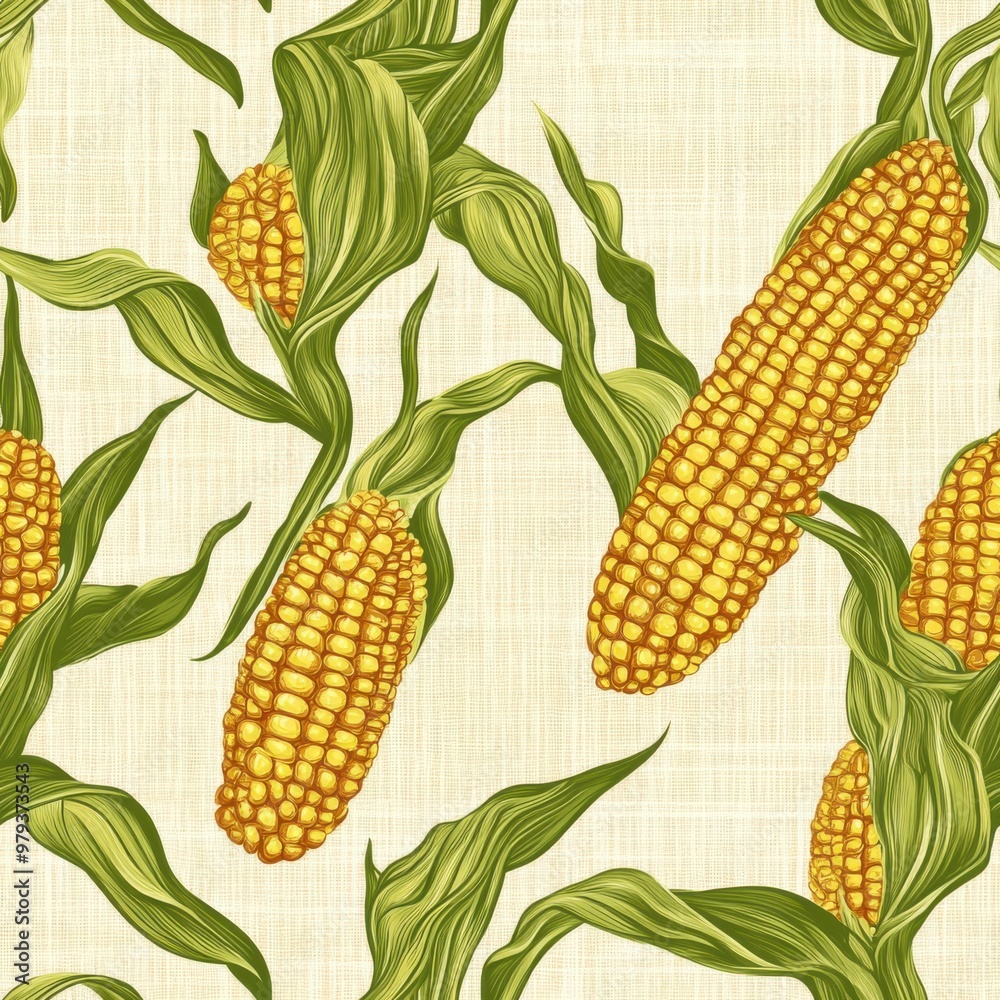 Vintage sweet corn pattern on vintage beige fabric background, seamless ...