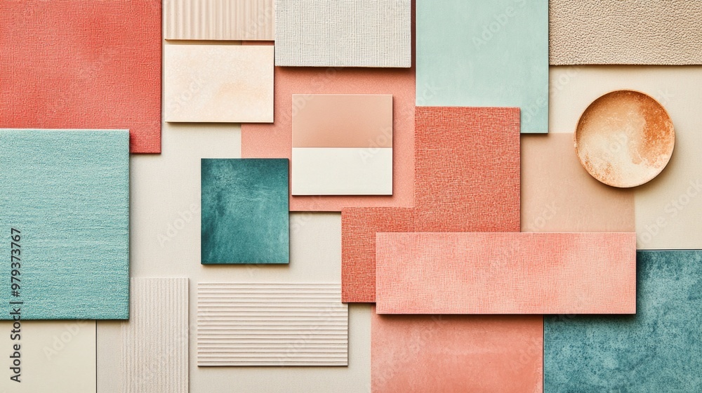 Foto de Stylish flat lay composition in terracotta red, light beige, muted teal color palette ...