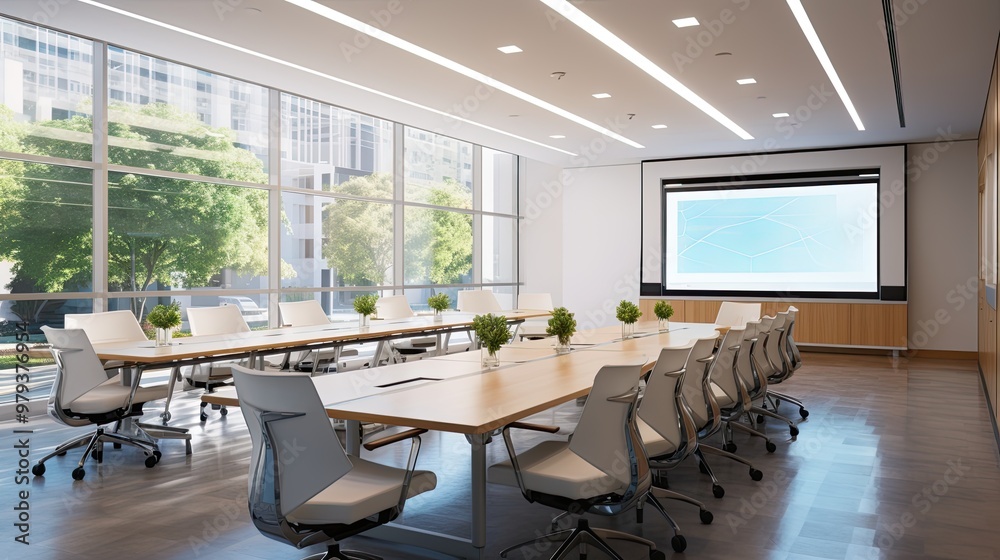 A modern grand conference room with an open, airy design, featuring ...