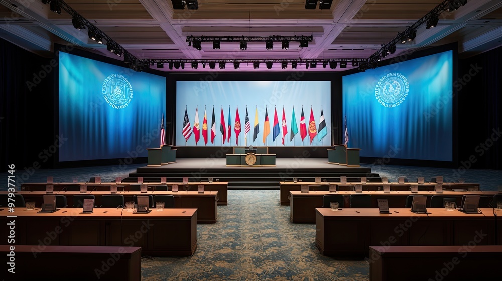 A spacious grand conference room set up for a major international ...