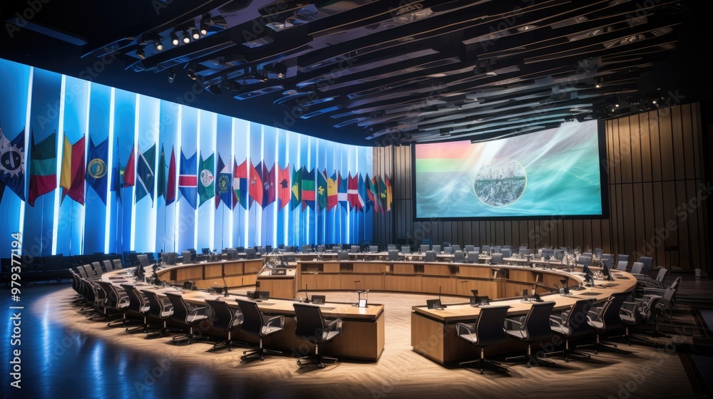 A spacious grand conference room set up for a major international ...