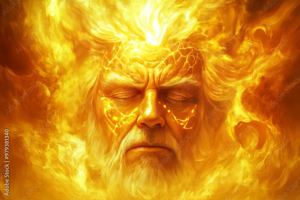 Fiery god like figure surrounded by intense flames with a furious ...